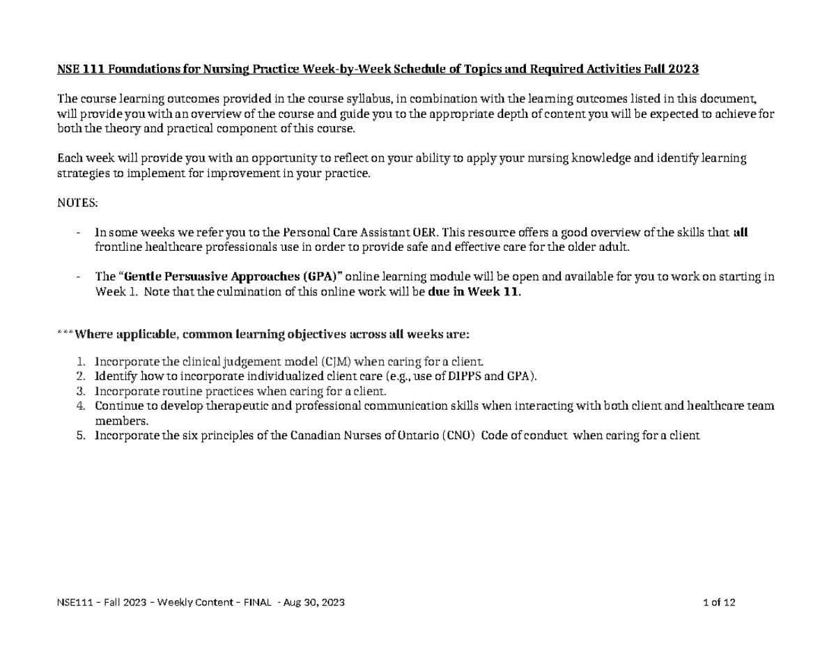 NSE 111 Weekly Content Outline - NSE 111 Foundations for Nursing ...