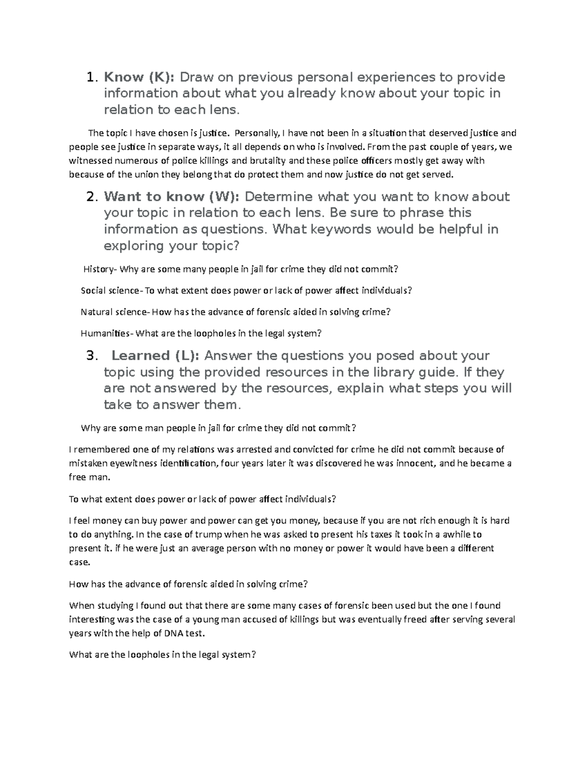 Liberal art module five - 1. Know (K): Draw on previous personal ...