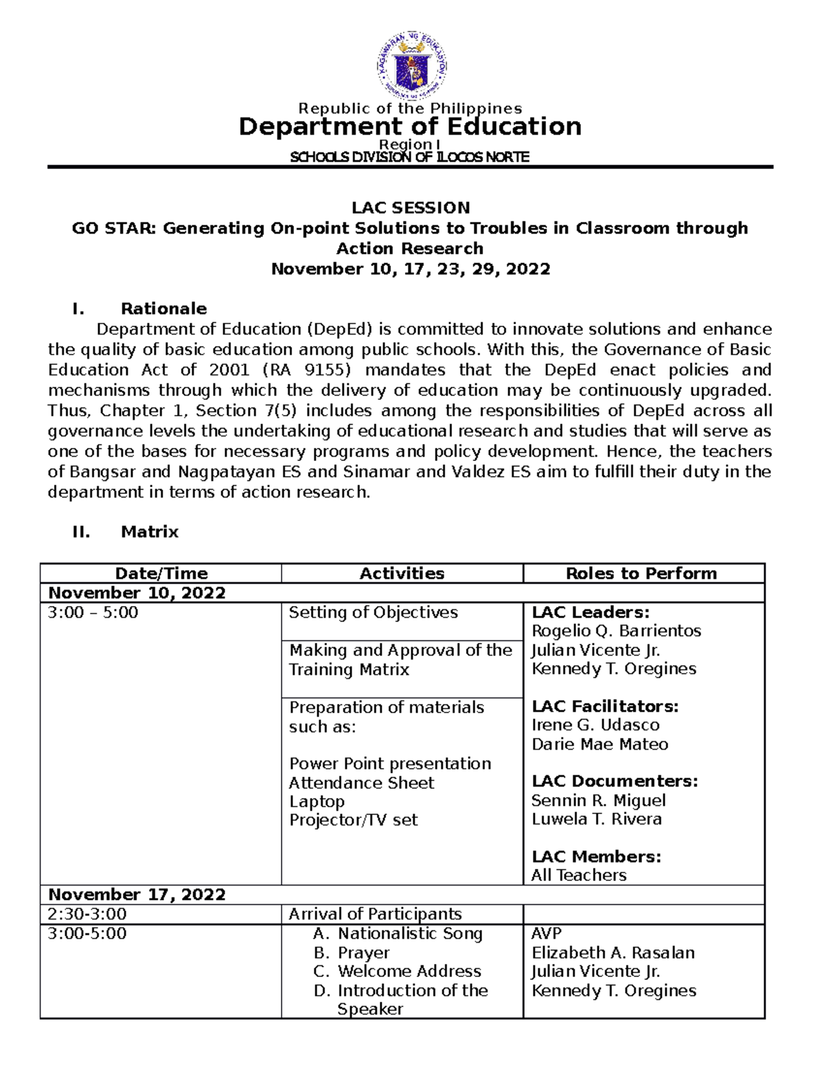 LAC Matrix on Action Research (November) - Republic of the Philippines ...