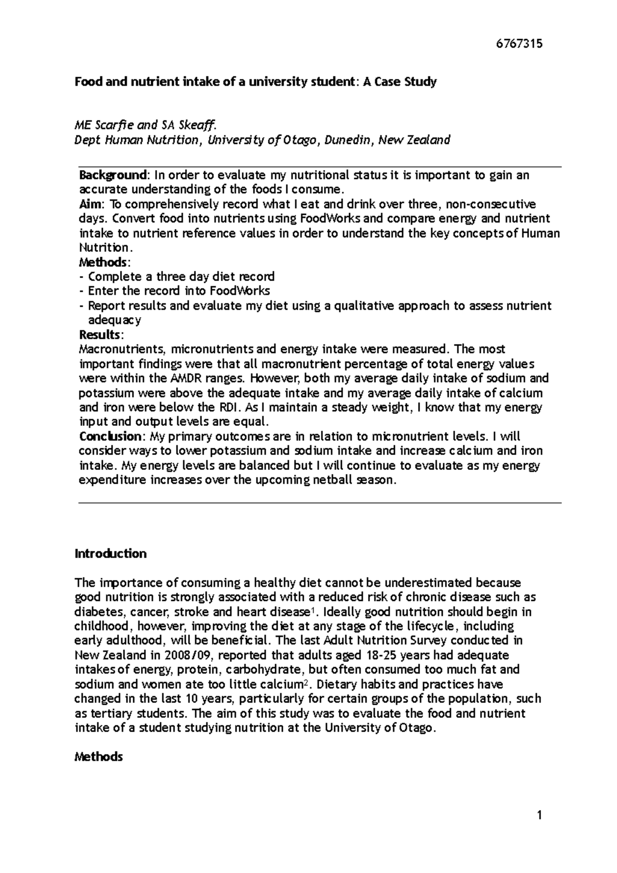 HUNT 141 2022 Written Assignment - Food and nutrient intake of a university student: A Case ...