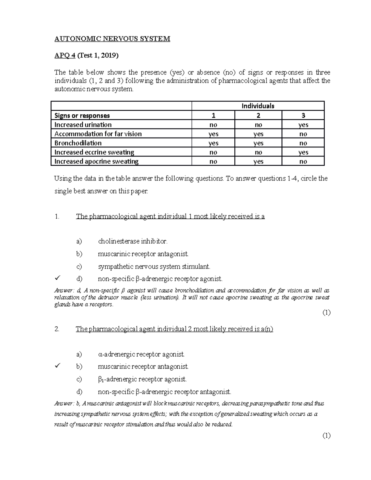 Autonomic Nervous System - AUTONOMIC NERVOUS SYSTEM APQ 4 (Test 1, 2019 ...