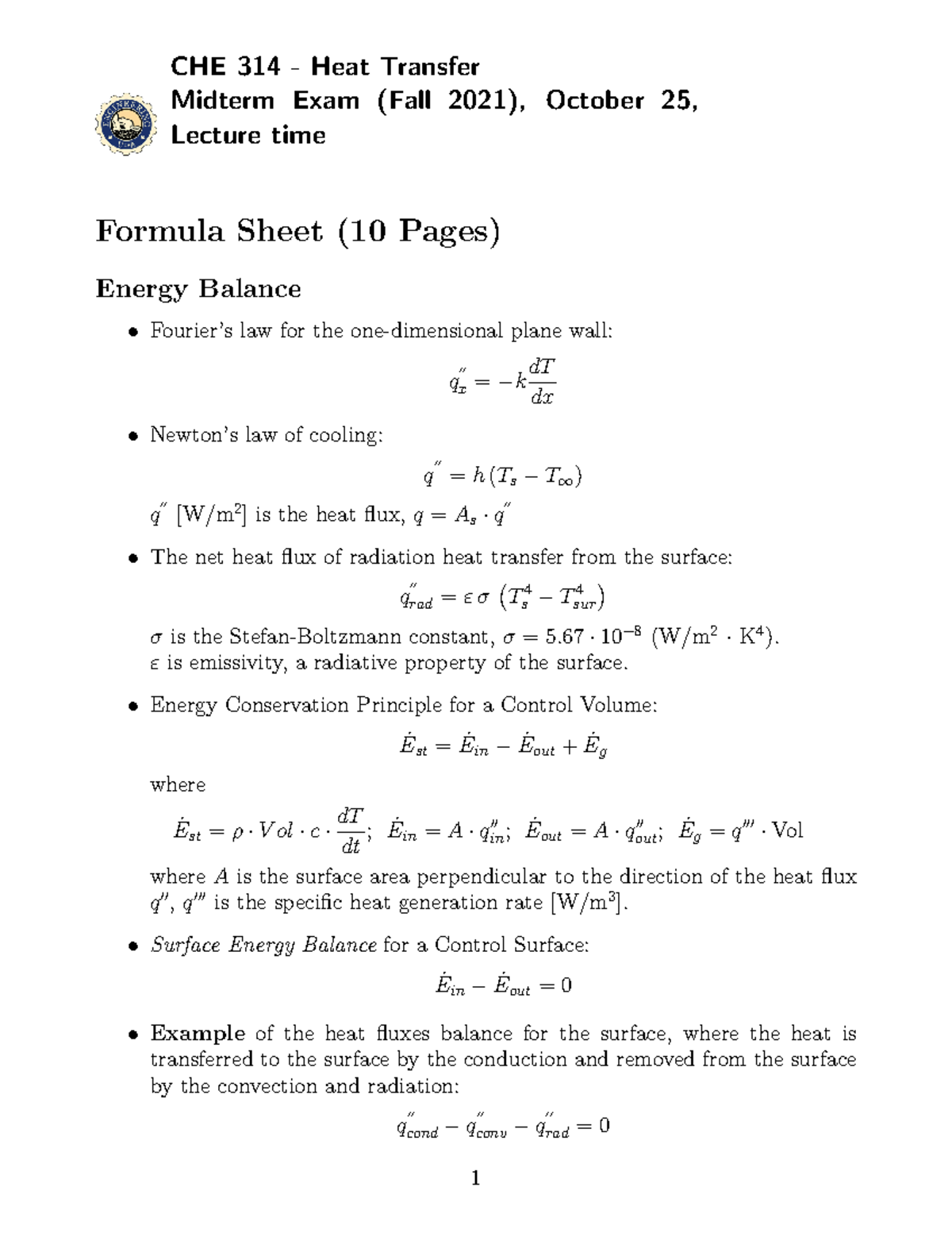 Formulasheet midterm - CHE 314 - Heat Transfer Midterm Exam (Fall 2021 ...