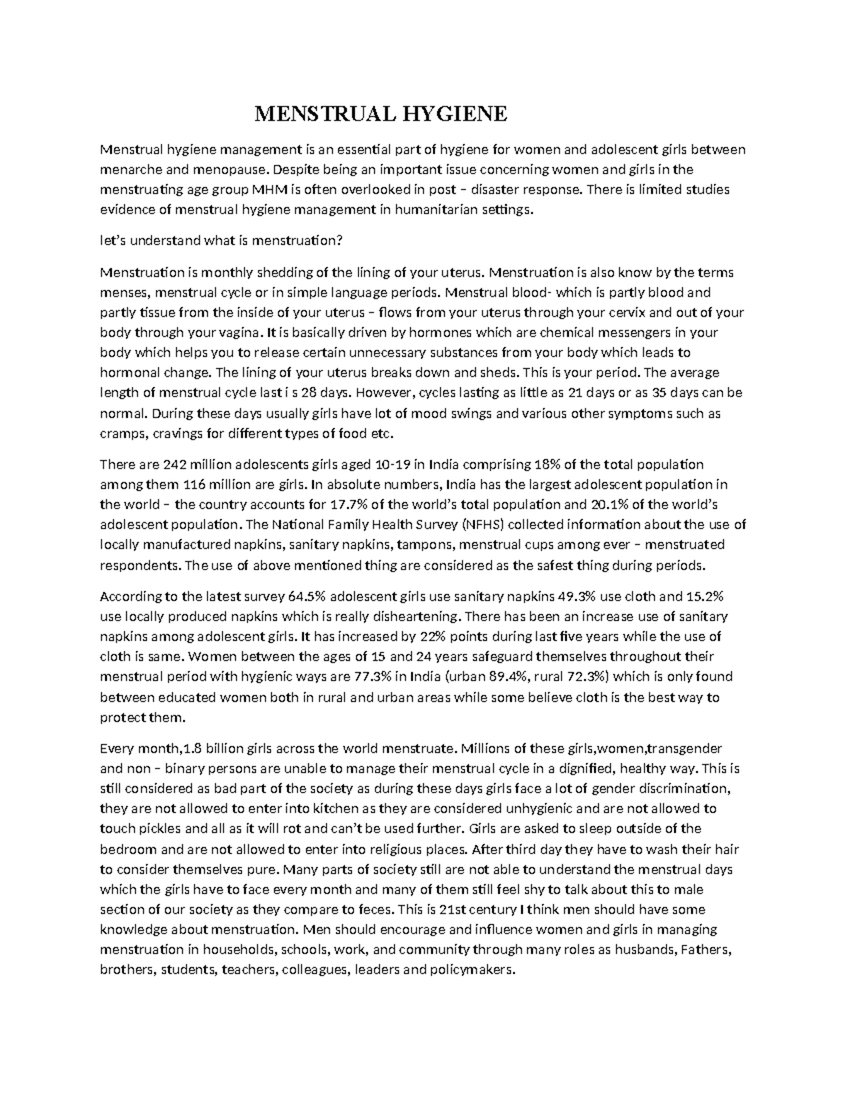 Menstrual Hygiene - Article writing - MENSTRUAL HYGIENE Menstrual ...
