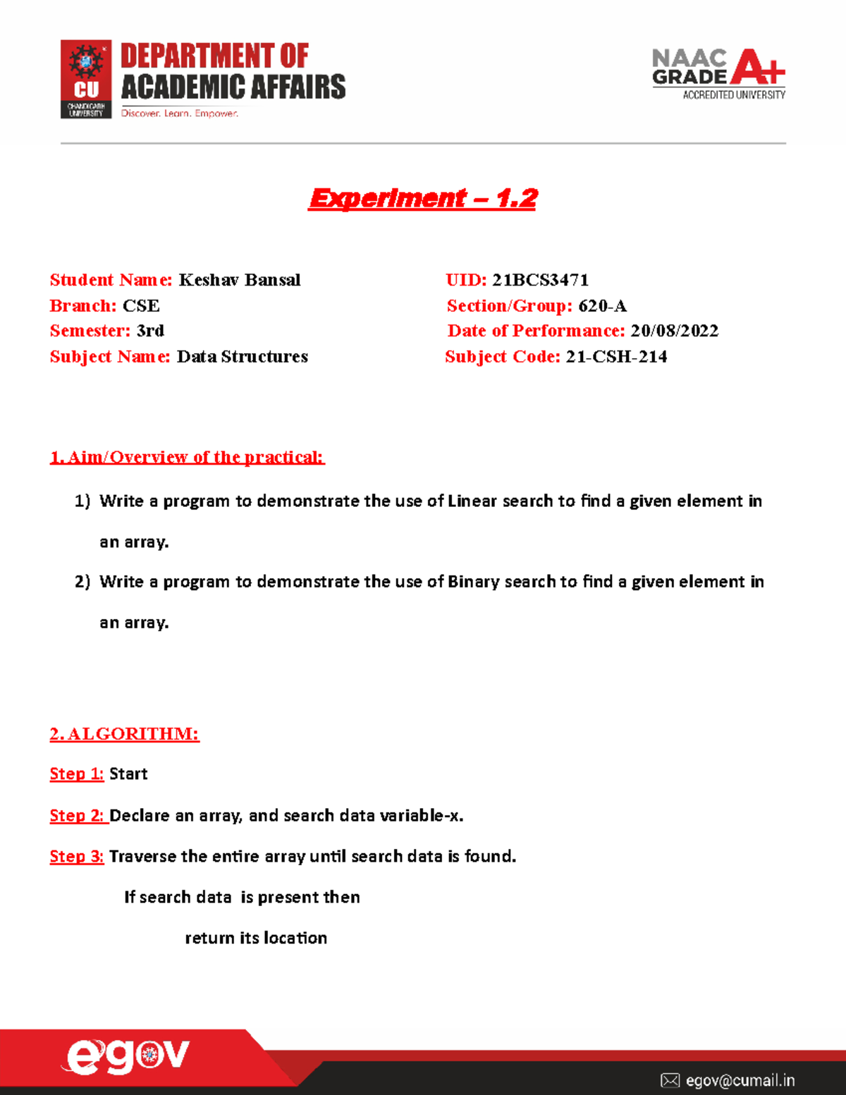 21bcs3471 Keshav Bansal EXP-1.2 DSA - Experiment – 1. Student Name: Keshav Bansal UID: 21BCS ...