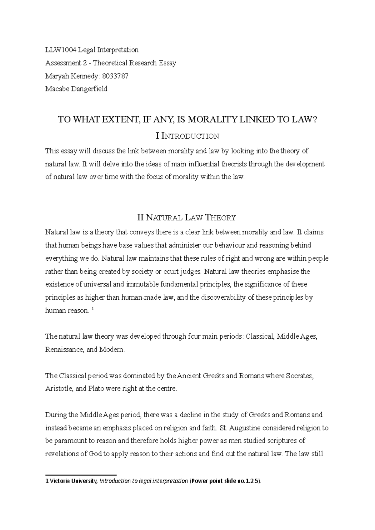 Research Essay - Morality and Law - LLW1004 Legal Interpretation ...