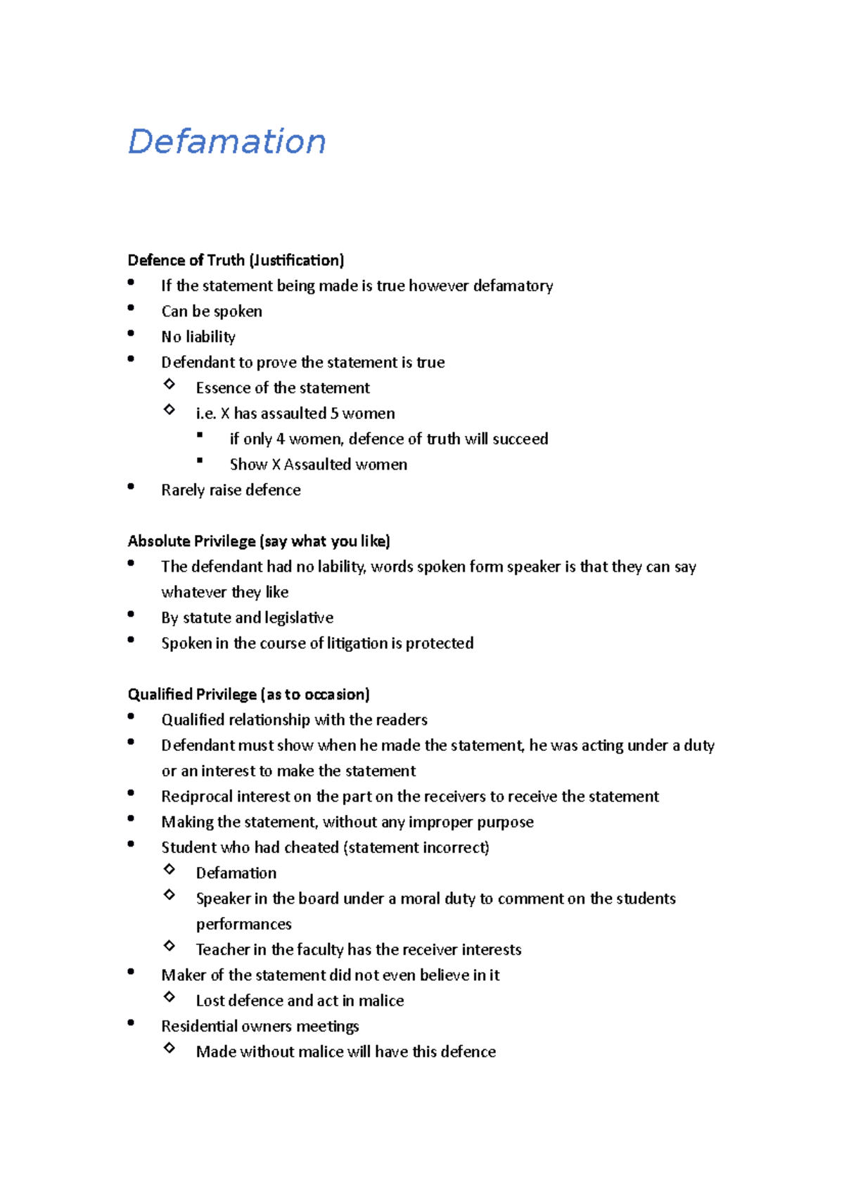 Lecture 12 - Defamation Defence of Truth (Justification) If the ...