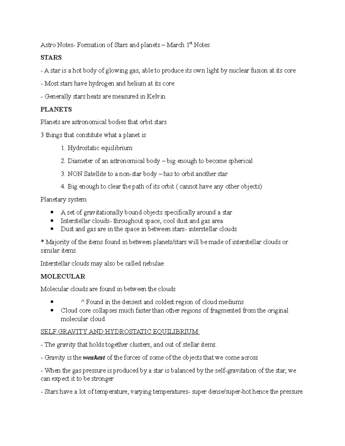 Astro Notes March 1 - Astro Notes- Formation of Stars and planets ...