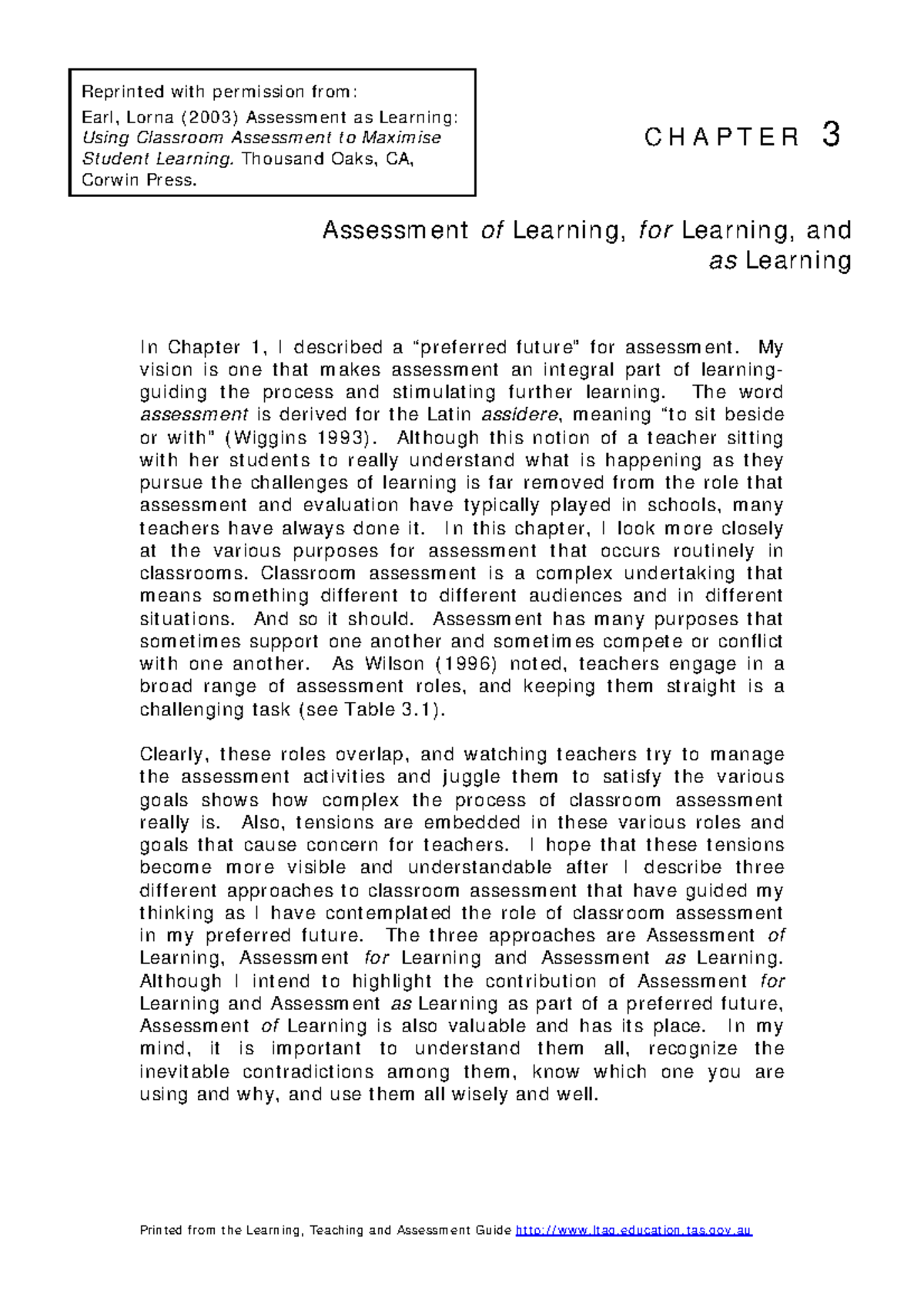 Assessment - C H A P T E R 3 Assessm ent of Learning, for Learning, and ...