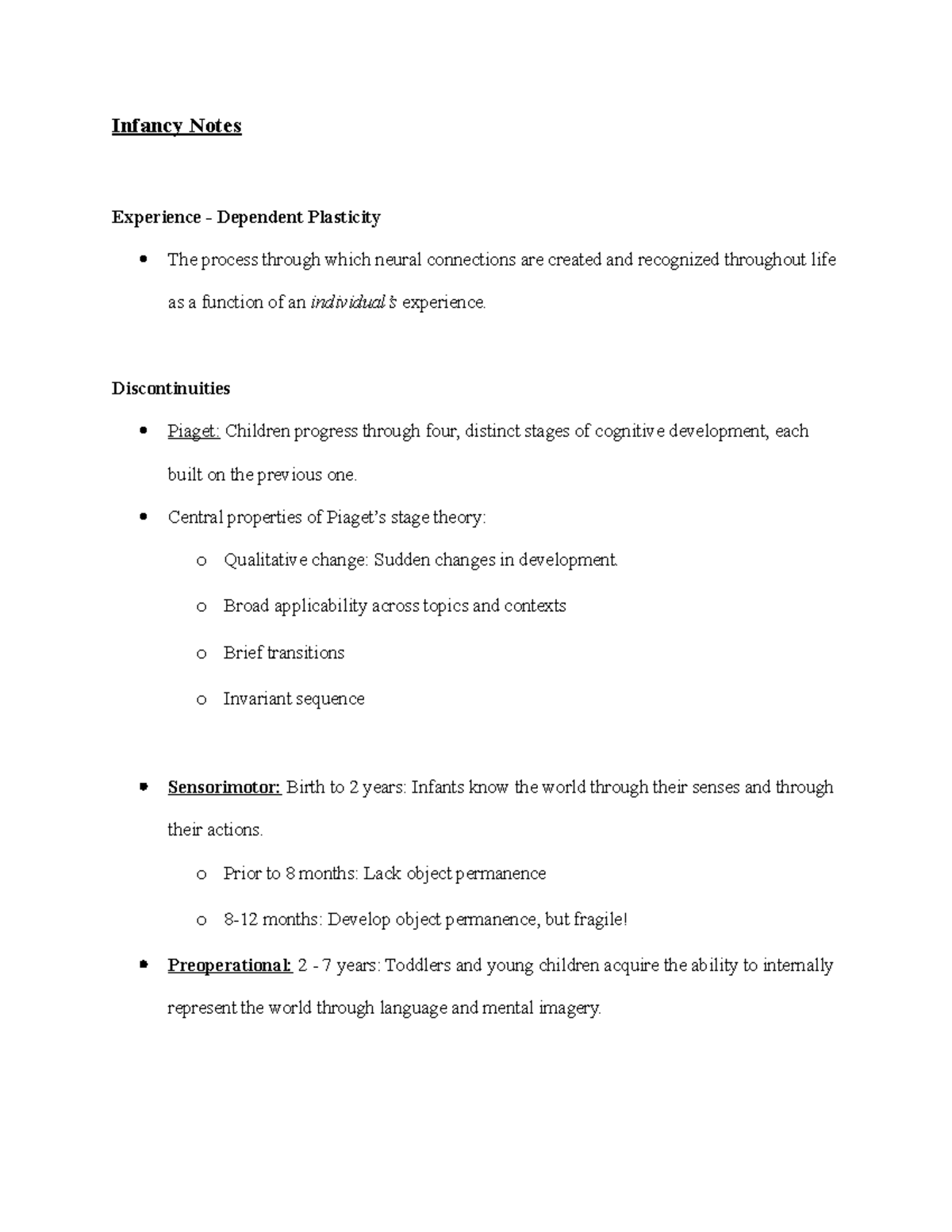 Notes on Infancy - Infancy Notes Experience Dependent Plasticity The ...