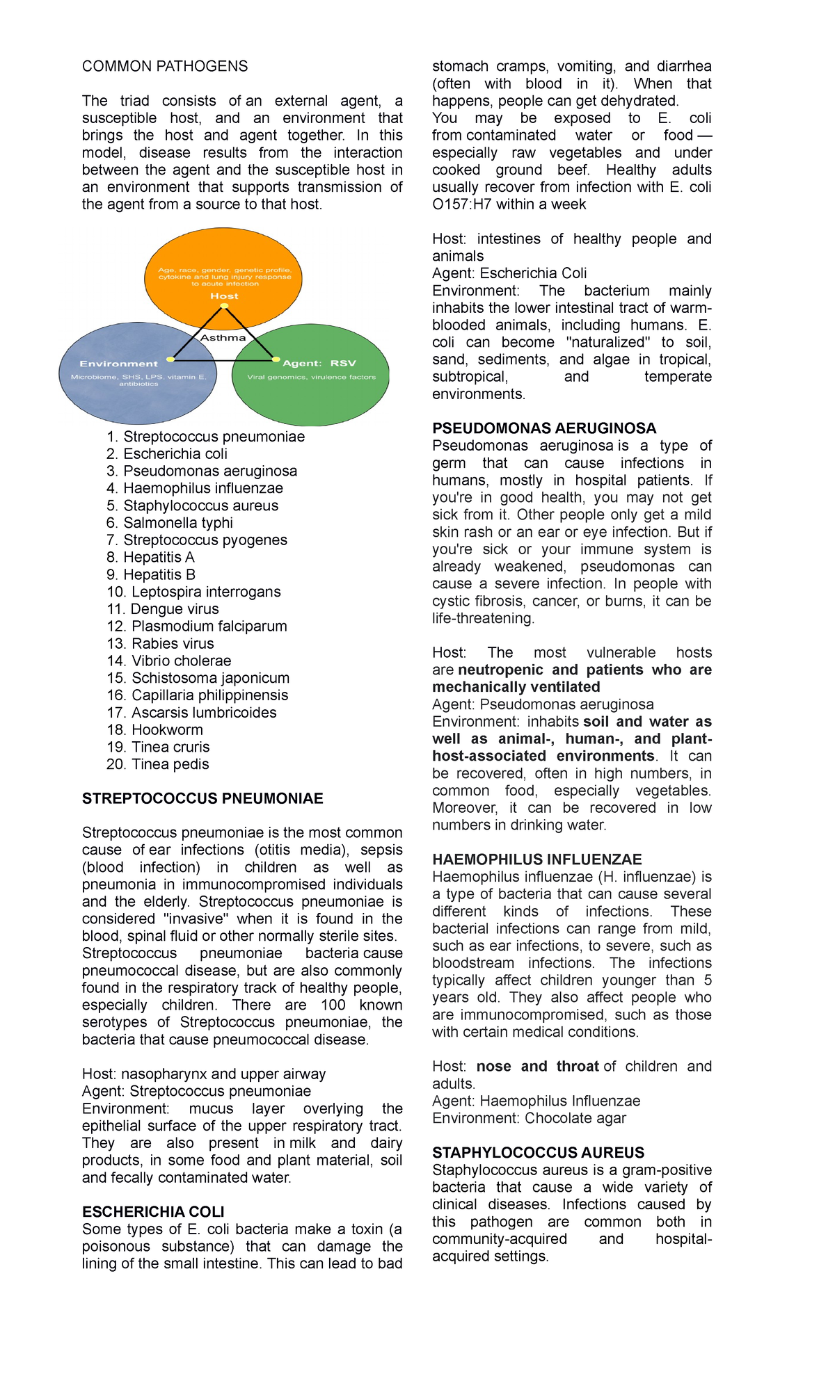 Common Pathogens - Notes - COMMON PATHOGENS The triad consists of an ...