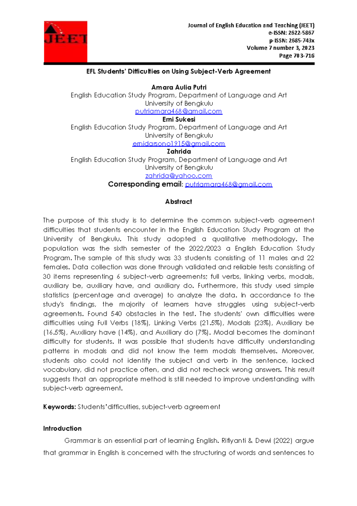 Subject-Verb Agreement - Journal of English Education and Teaching ...