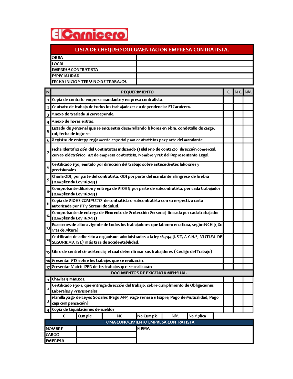 Requisitos Empresas Contratistas - N° C N. N/A 1 2 3 4 6 16 17 1 4 C Cumple NC No Cumple N/A No ...
