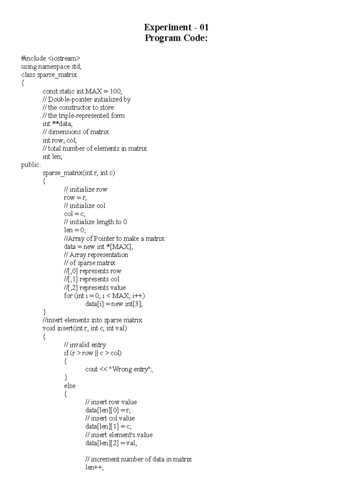 Data Stracture Lab file - Experiment - 01 Program Code: #include using namespace - Studocu