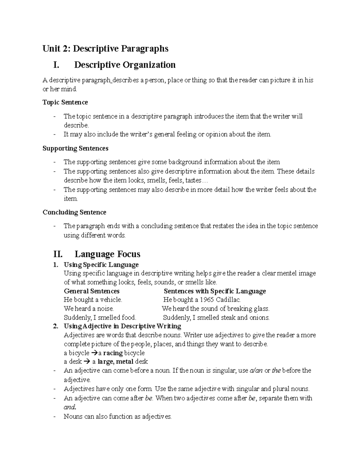 Type 1 Descriptive Paragraph - Unit 2: Descriptive Paragraphs I ...