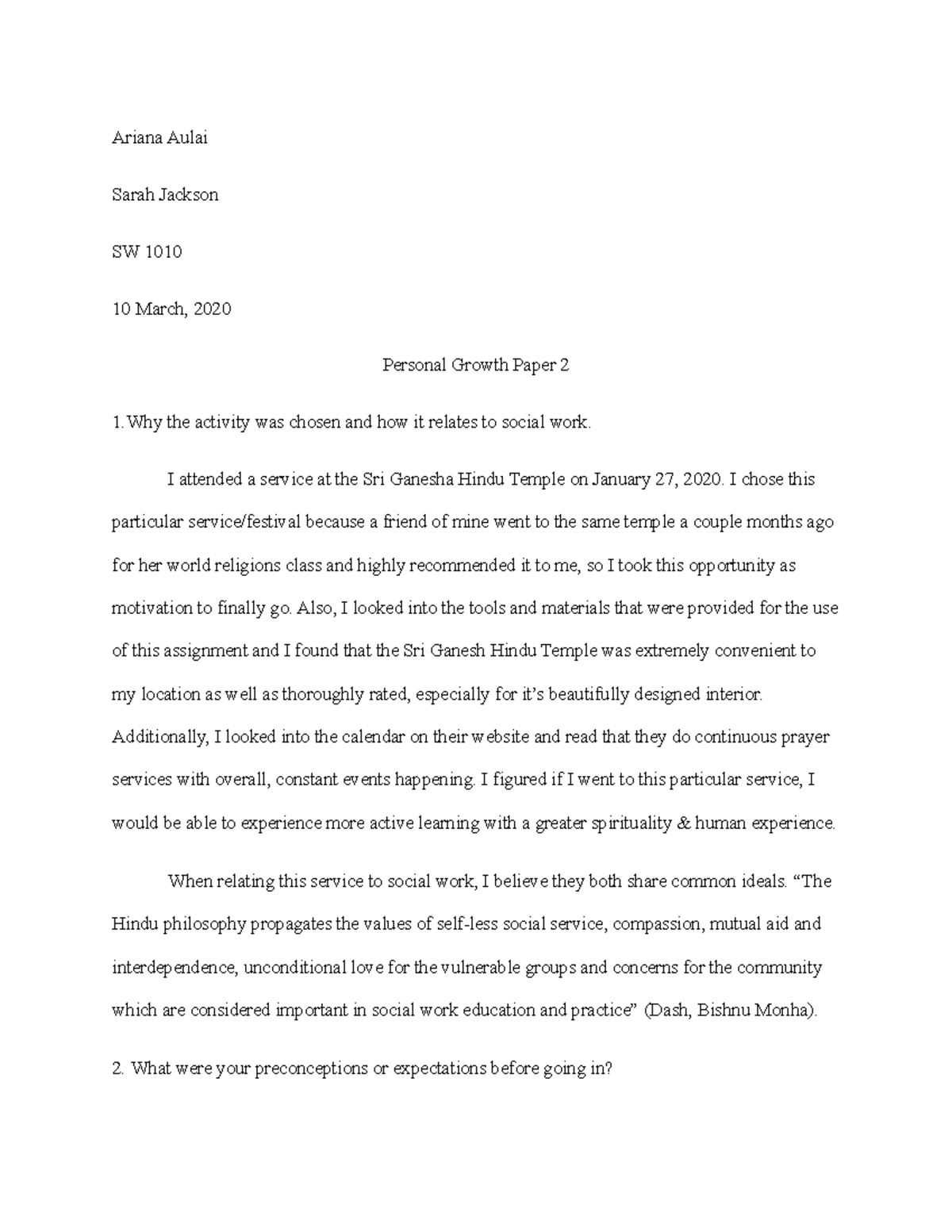 Personal Growth Paper 2 - Ariana Aulai Sarah Jackson SW 1010 10 March ...