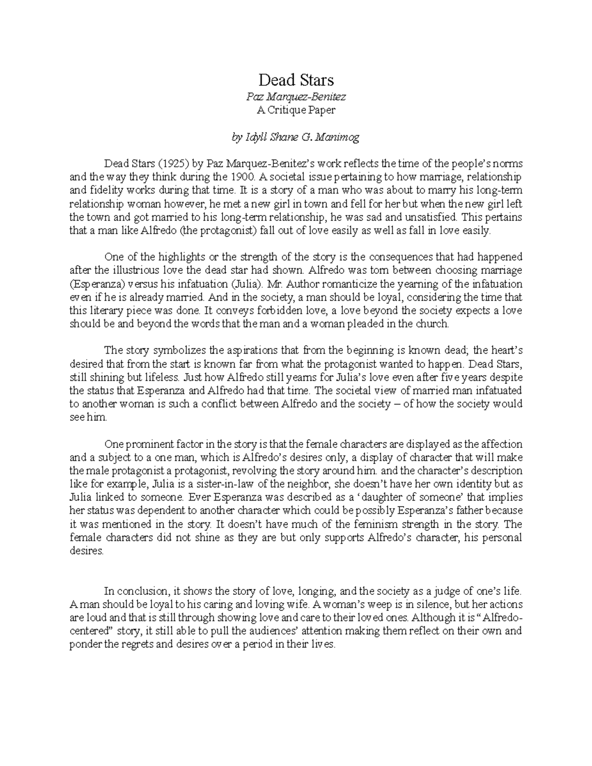 Dead Stars Lit Crit - Summary English Language - Dead Stars Paz Marquez ...