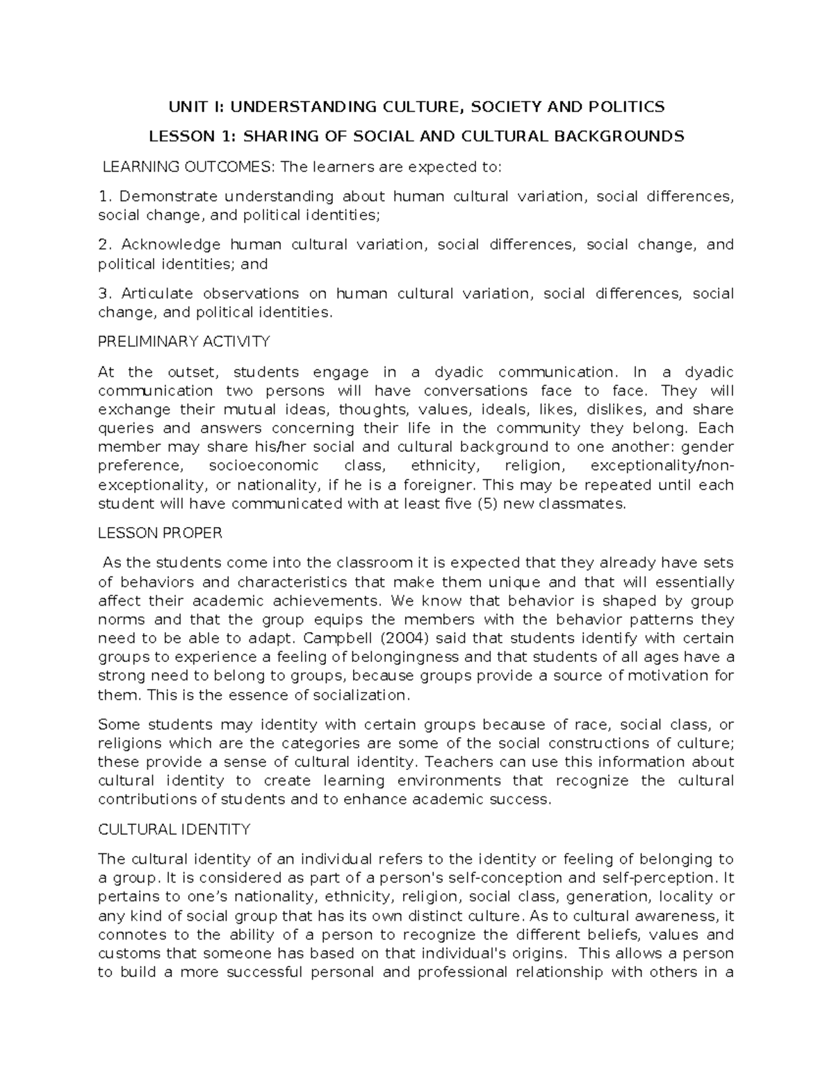 UCSP UNIT 1, Lesson 1 Sharing OF Social AND Cultural Backgrounds - UNIT ...