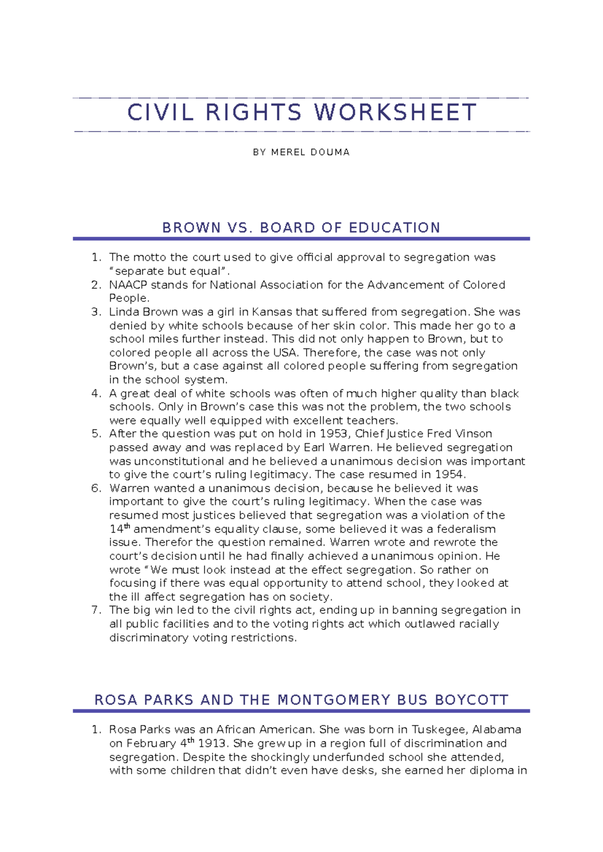 Civil Rights Worksheet - C I V I L R I G H T S W O R K S H E E T B Y M ...