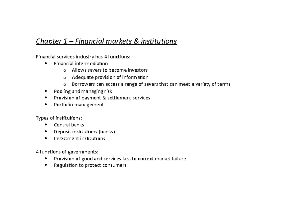 IMC Notes - Chapter 1 – Financial markets & institutions Financial ...