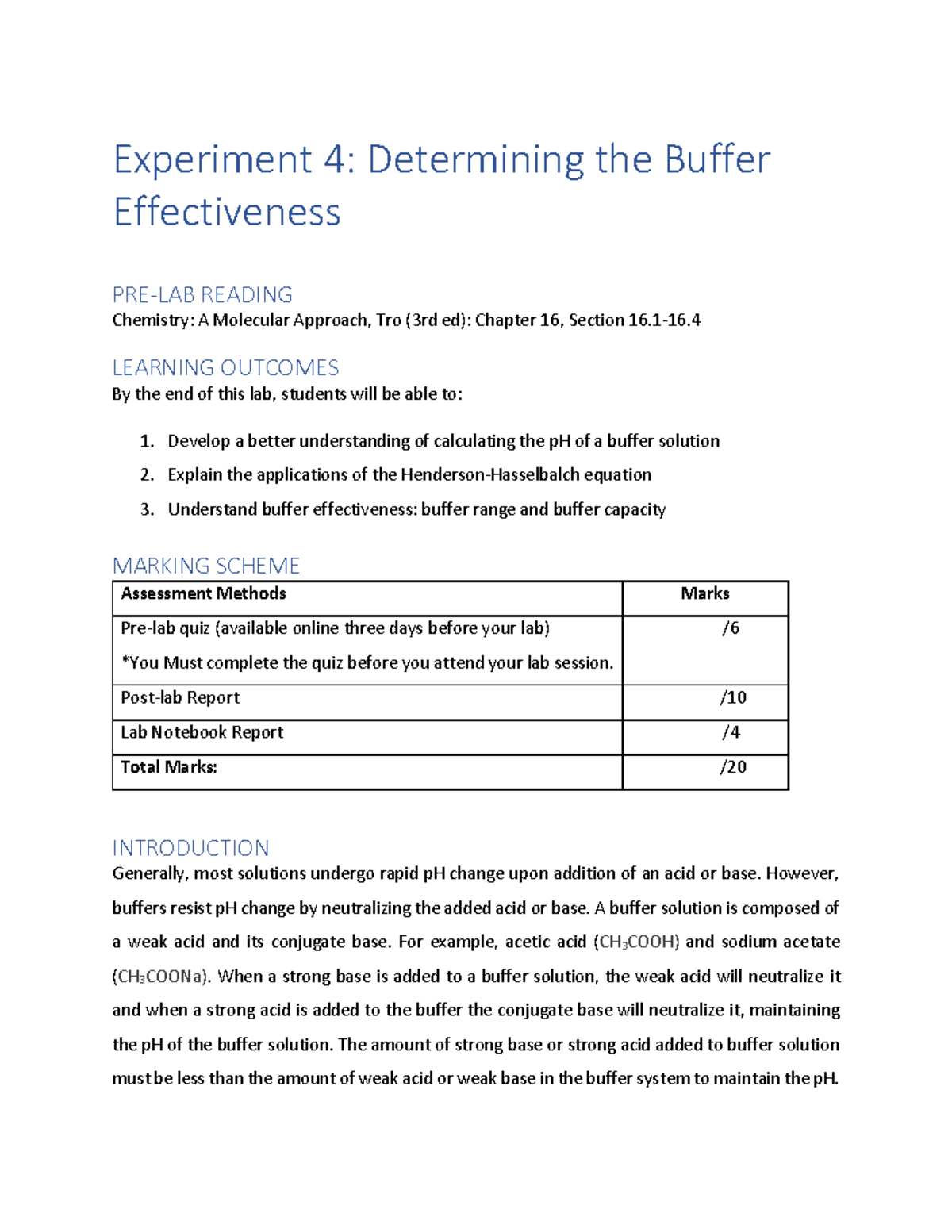 Experiment 4 - LAB - Experiment 4 : Determining the Buffer Effectiveness PRE-LAB READING ...