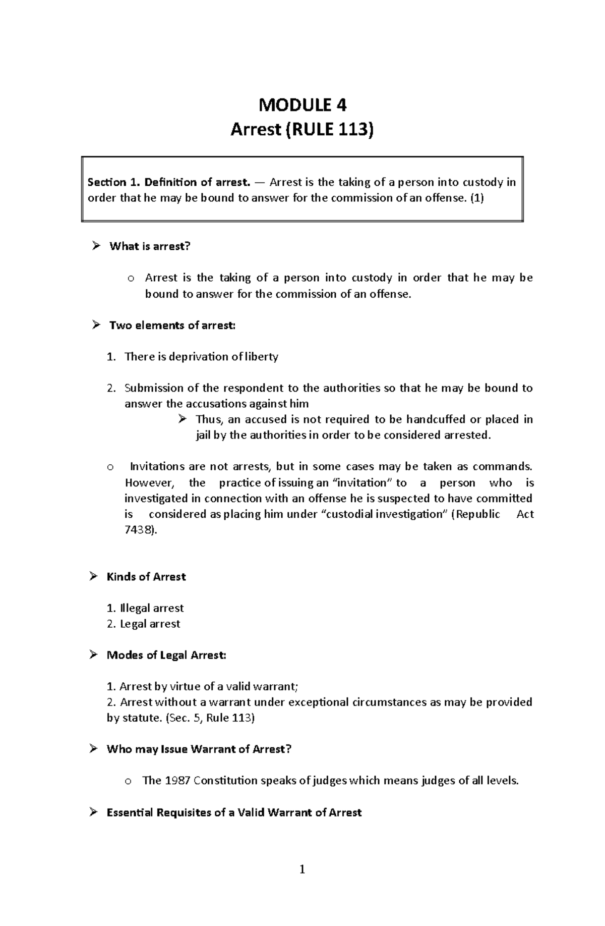 Arrest - hsgsbajajaajan - MODULE 4 Arrest (RULE 113) Section 1 ...