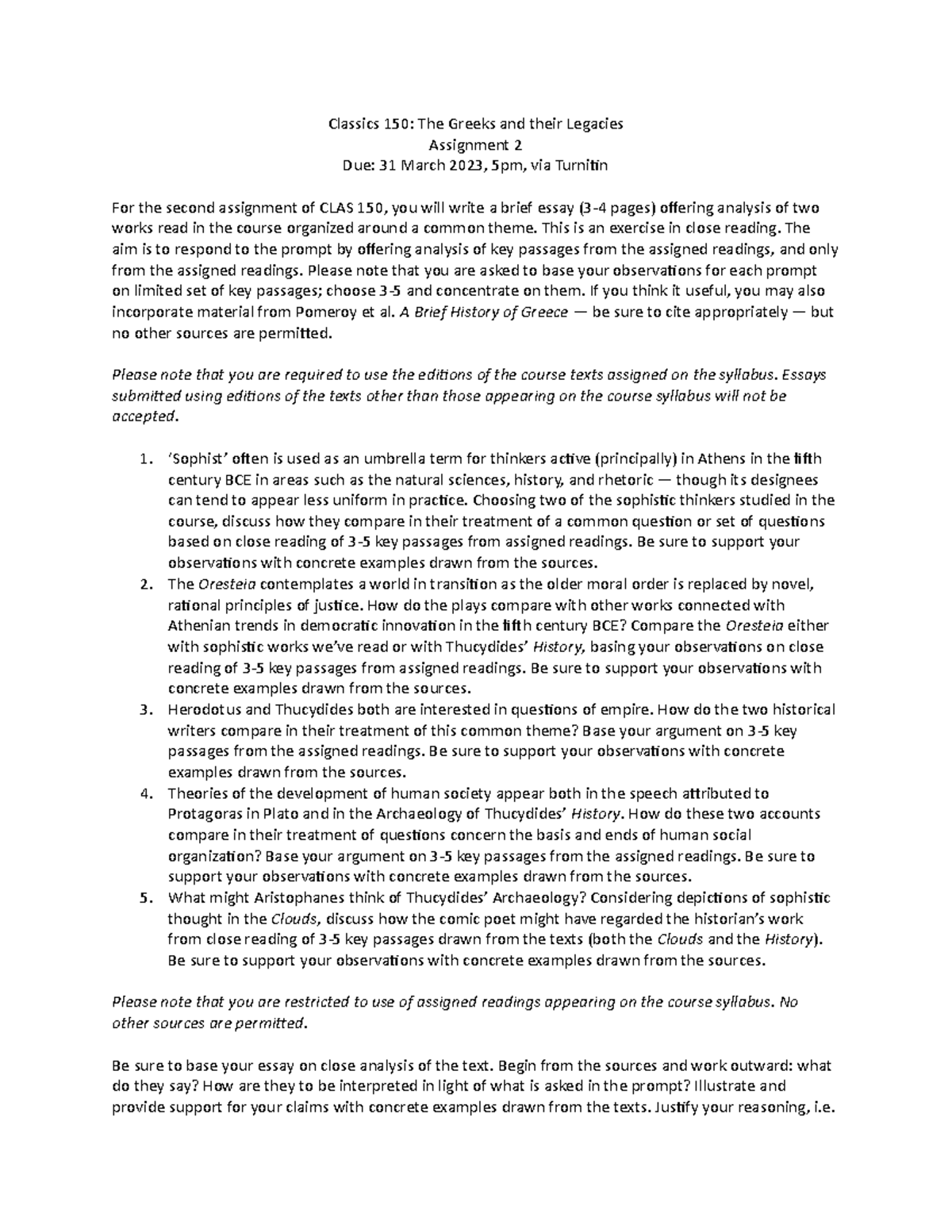 Assignment 2 Prompt - Classics 150: The Greeks and their Legacies ...