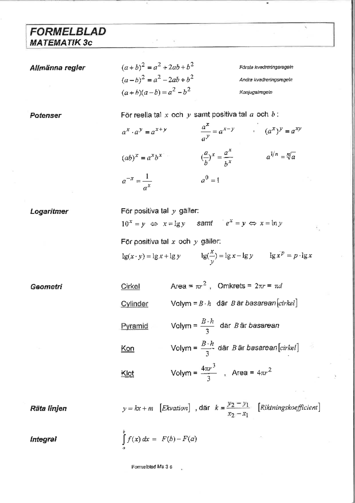 Formelblad Ma3c - Sammanfattning Tekniskt basår Ma3c - FORMELBLAD MATEMATIK 3C Allmänna regler ...