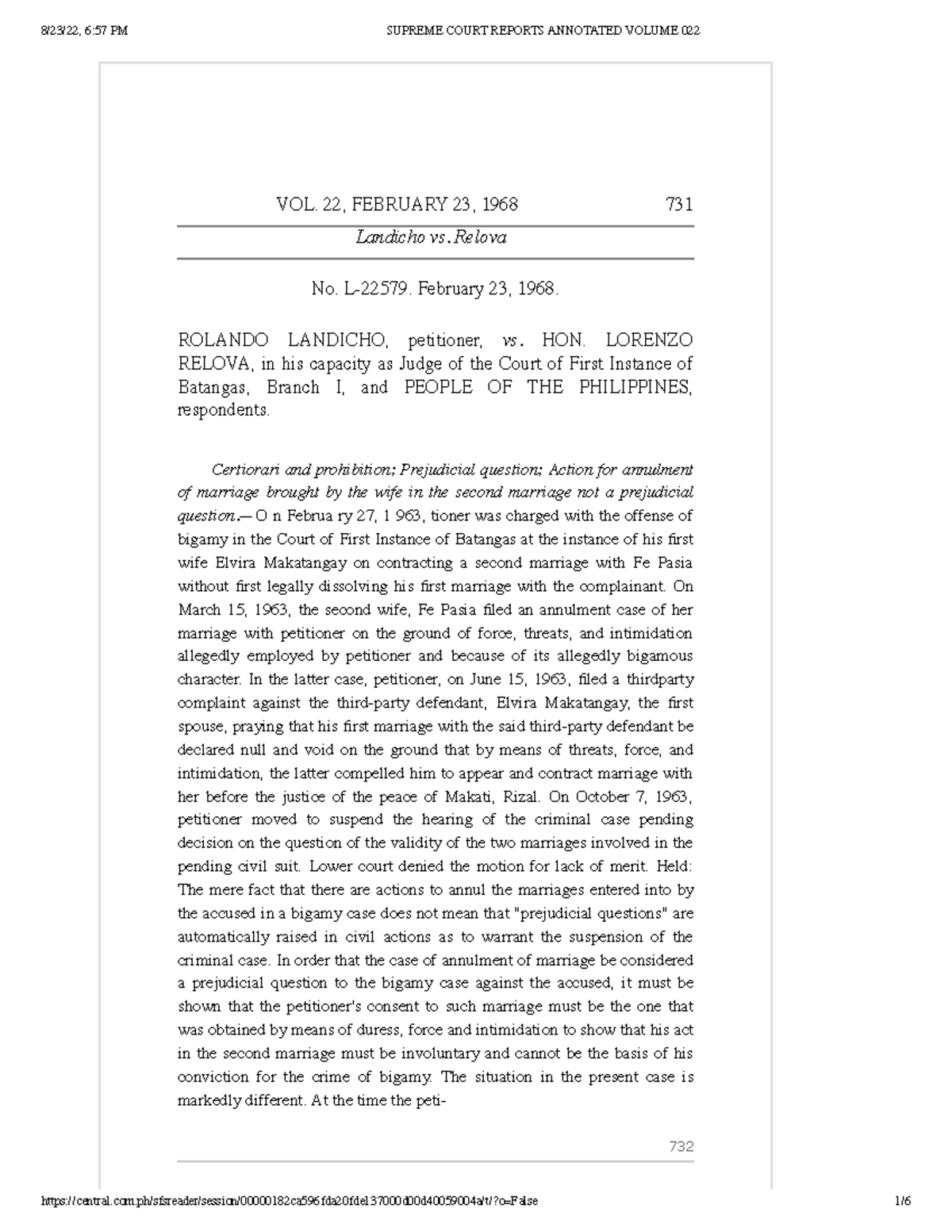 24. Landicho v. Relova, 22 SCRA 731 - VOL. 22, FEBRUARY 23, 1968 731 ...
