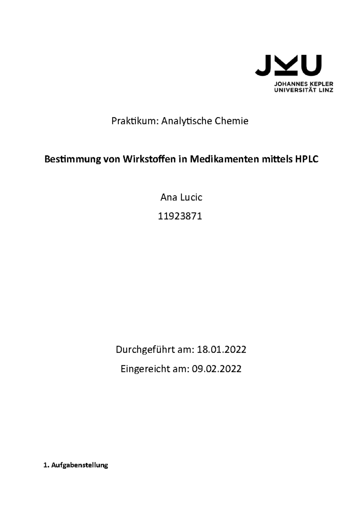 Protokoll HPLC - Ana Lucic (11923871) - Praktikum: Analytische Chemie ...