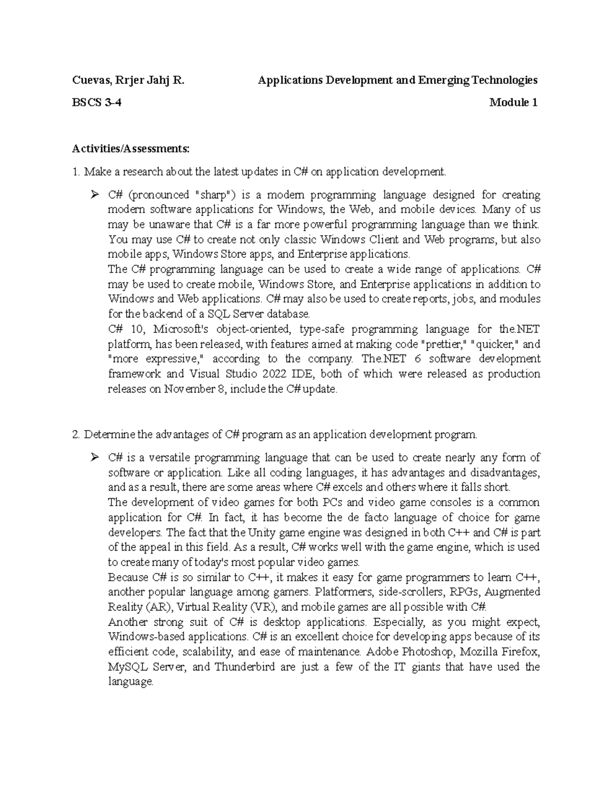 Cuevas, Rrjer Jahj - Module 1 - Cuevas, Rrjer Jahj R. Applications Development and Emerging ...