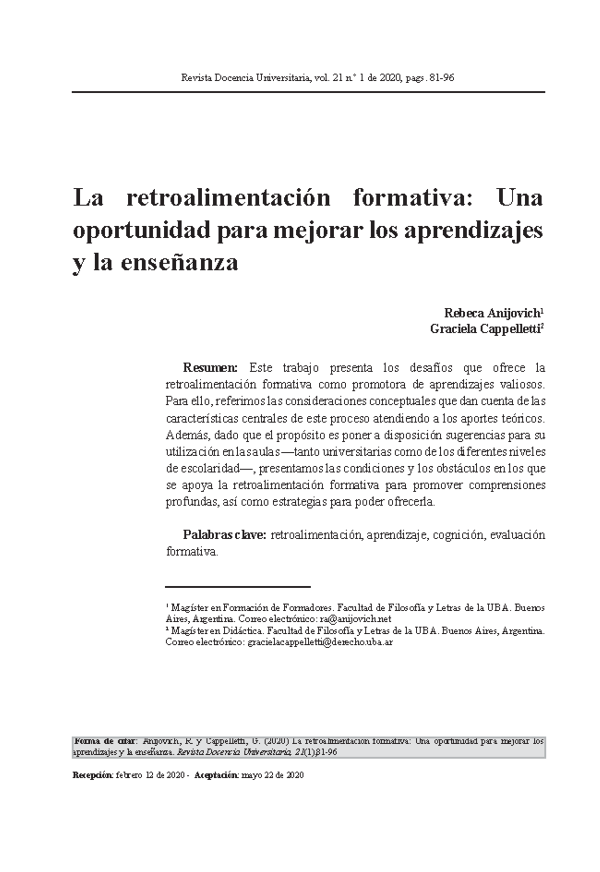 Anijovich y Capeletti (2020) La retroalimentacion formativa Revista ...