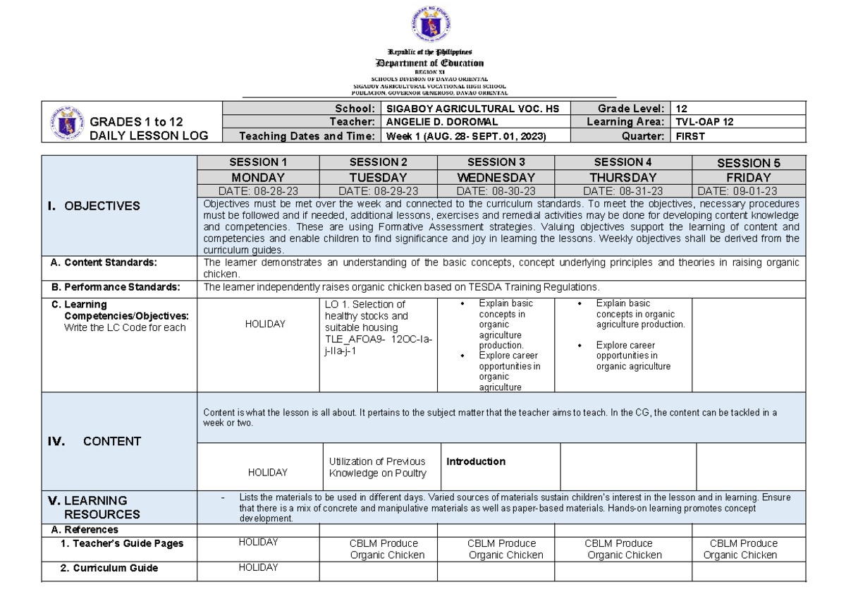 TVE-OAP 12 DLL week 1 - dll oap - GRADES 1 to 12 DAILY LESSON LOG ...