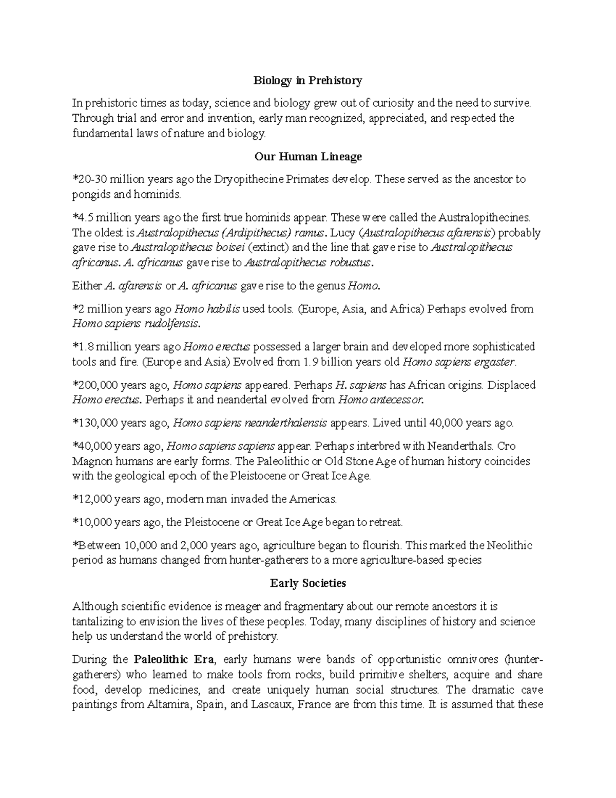 Biology in Prehistory - Lecture notes 1 - Biology in Prehistory In ...