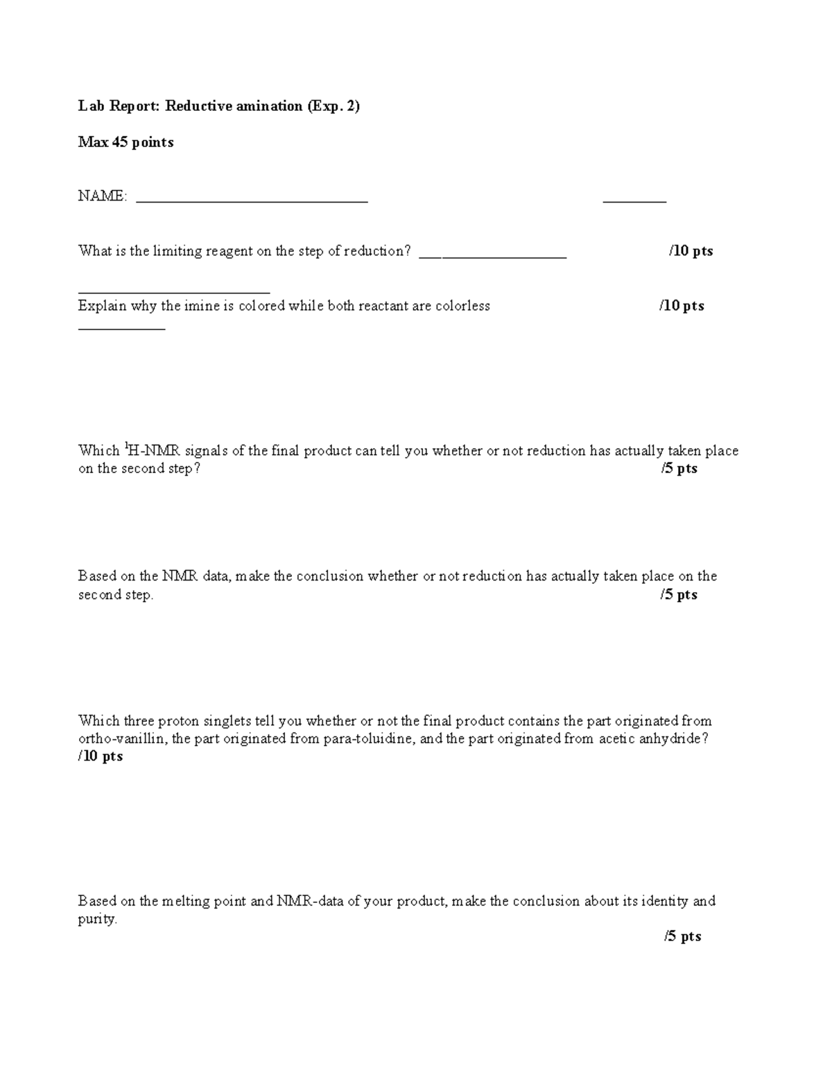 Report 2 - Reductive amination - Lab Report: Reductive amination (Exp ...
