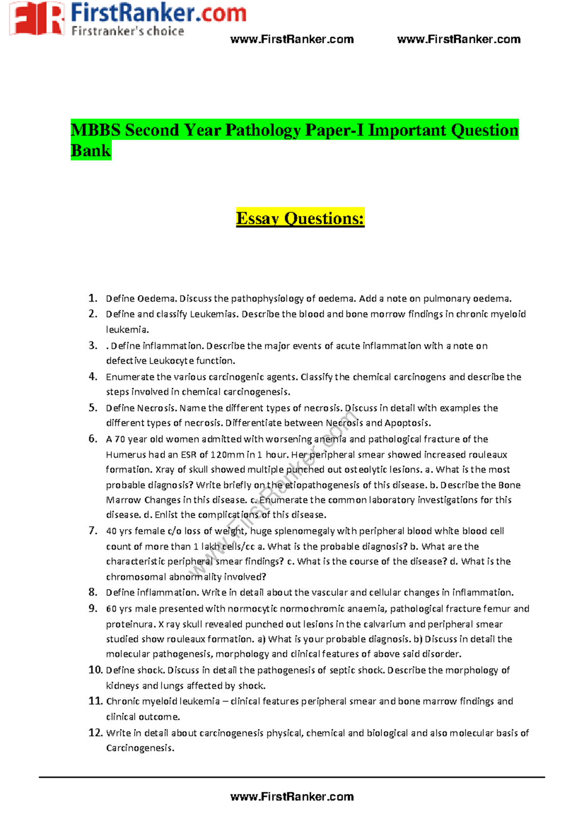 Pathology paper 1 - FirstRanker MBBS Second Year Pathology Paper-I ...