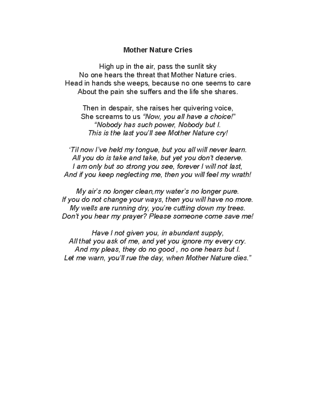 Mother Nature Cries by Unknown Author - Mother Nature Cries High up in ...