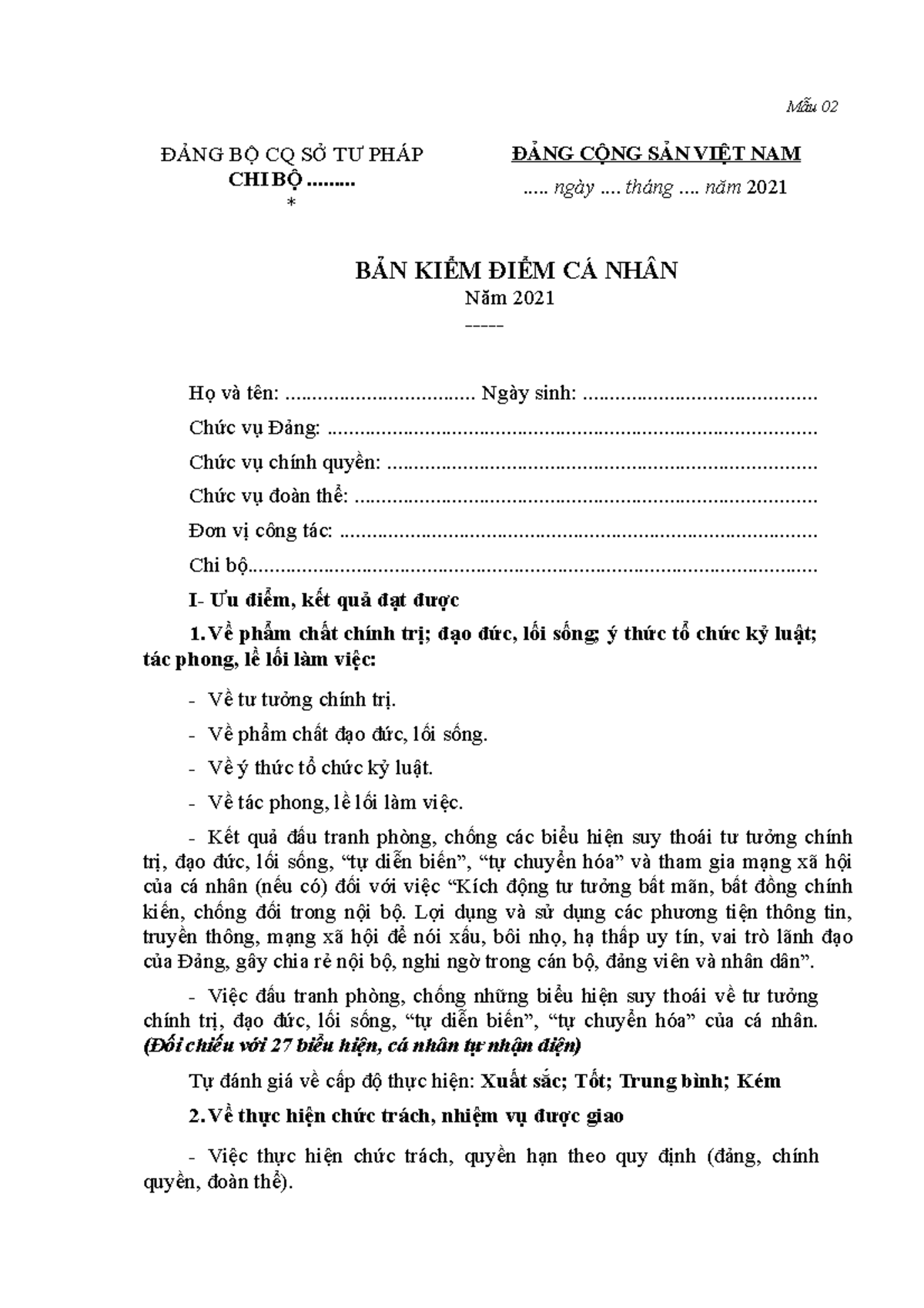 3-Mẫu 02 KĐ.ĐG 2021-Ban kiem diem ca nhan - Mẫu 02 ĐẢNG BỘ CQ SỞ TƯ ...