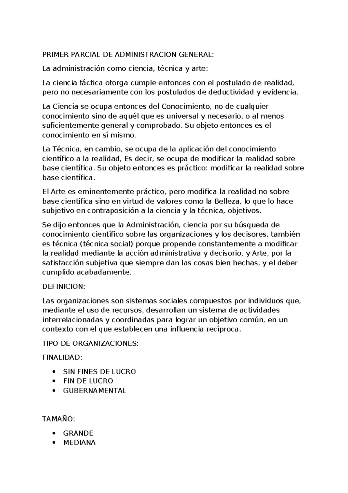 Resumen de Administración General - PRIMER PARCIAL DE ADMINISTRACION ...