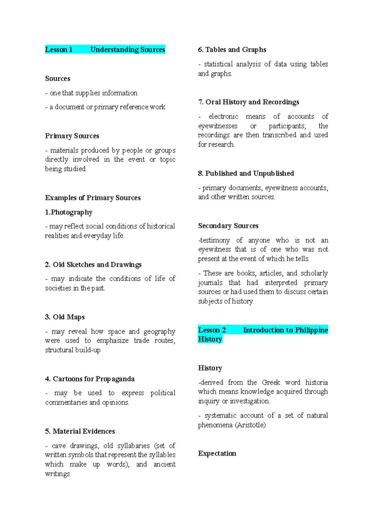 RPH Midterm Lectures - History notes - Lesson 1 Understanding Sources ...