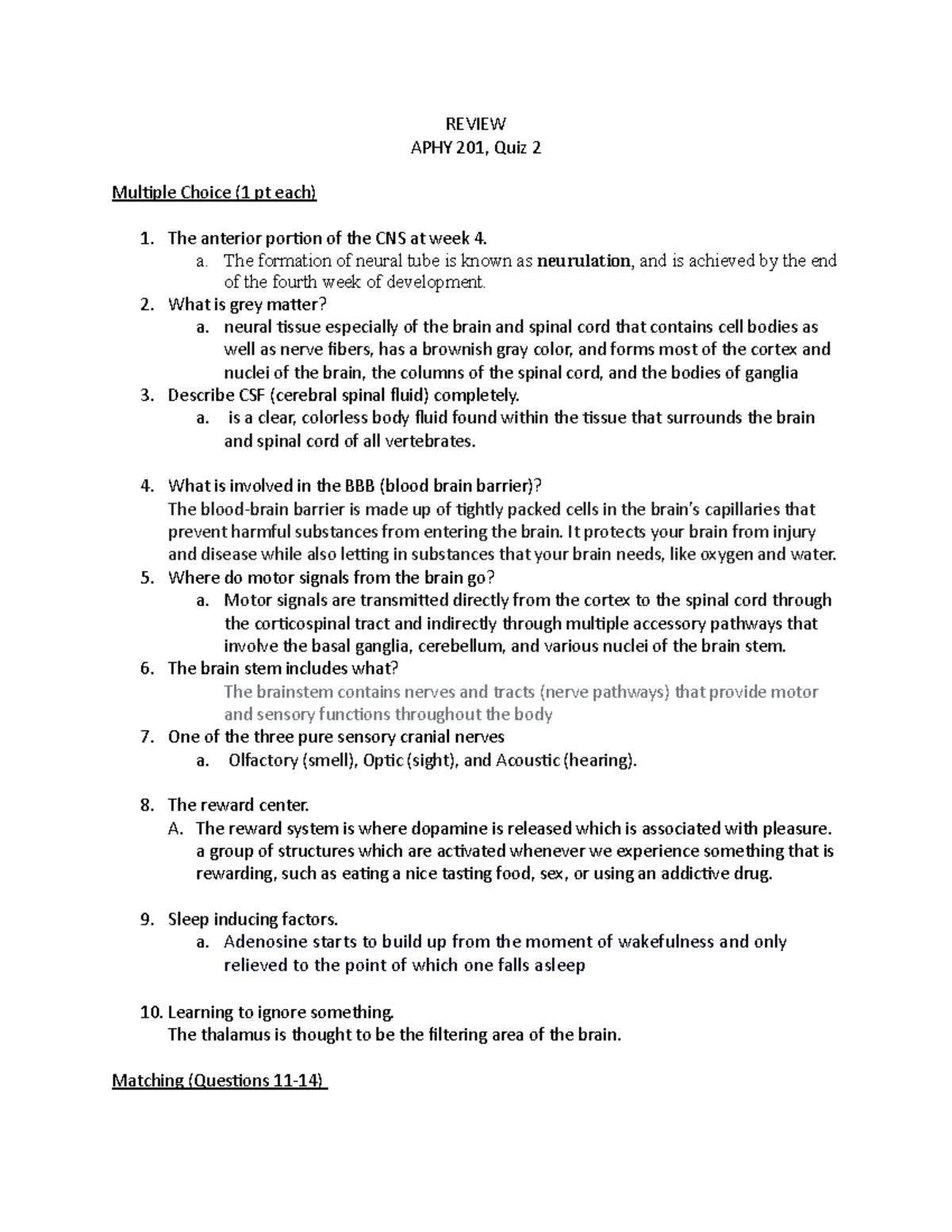 Quiz 2 questions - QUIZ 2 - REVIEW APHY 201, Quiz 2 Multiple Choice (1 ...