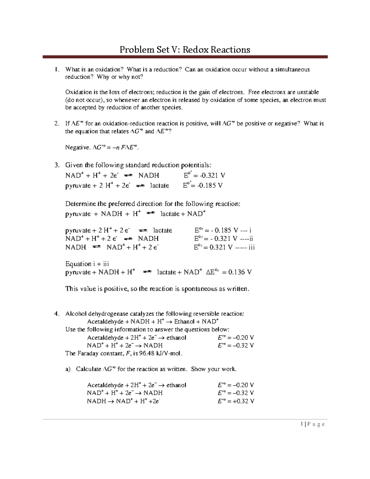 Problem Set V redox reactions solutions - 1. What is an oxidation? What ...