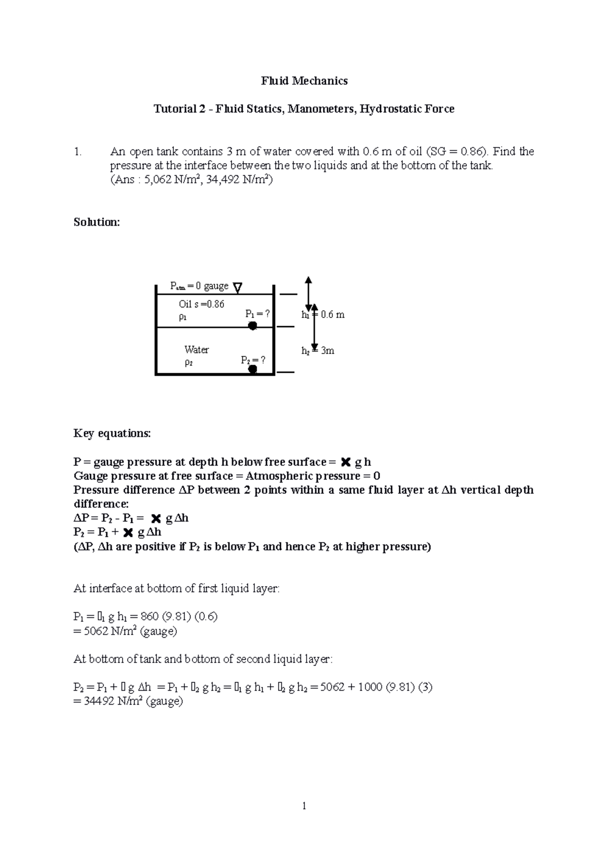 CV1012 Fluid Mechanics Tutorial 2 Solution - Fluid Mechanics Tutorial 2 - Fluid Statics ...