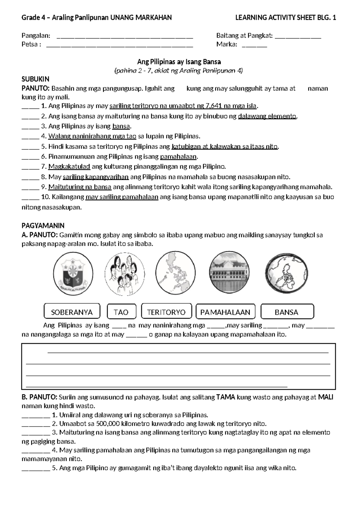 541505672 AP4 Q1 Worksheet 1 2 - Grade 4 – Araling Panlipunan UNANG ...