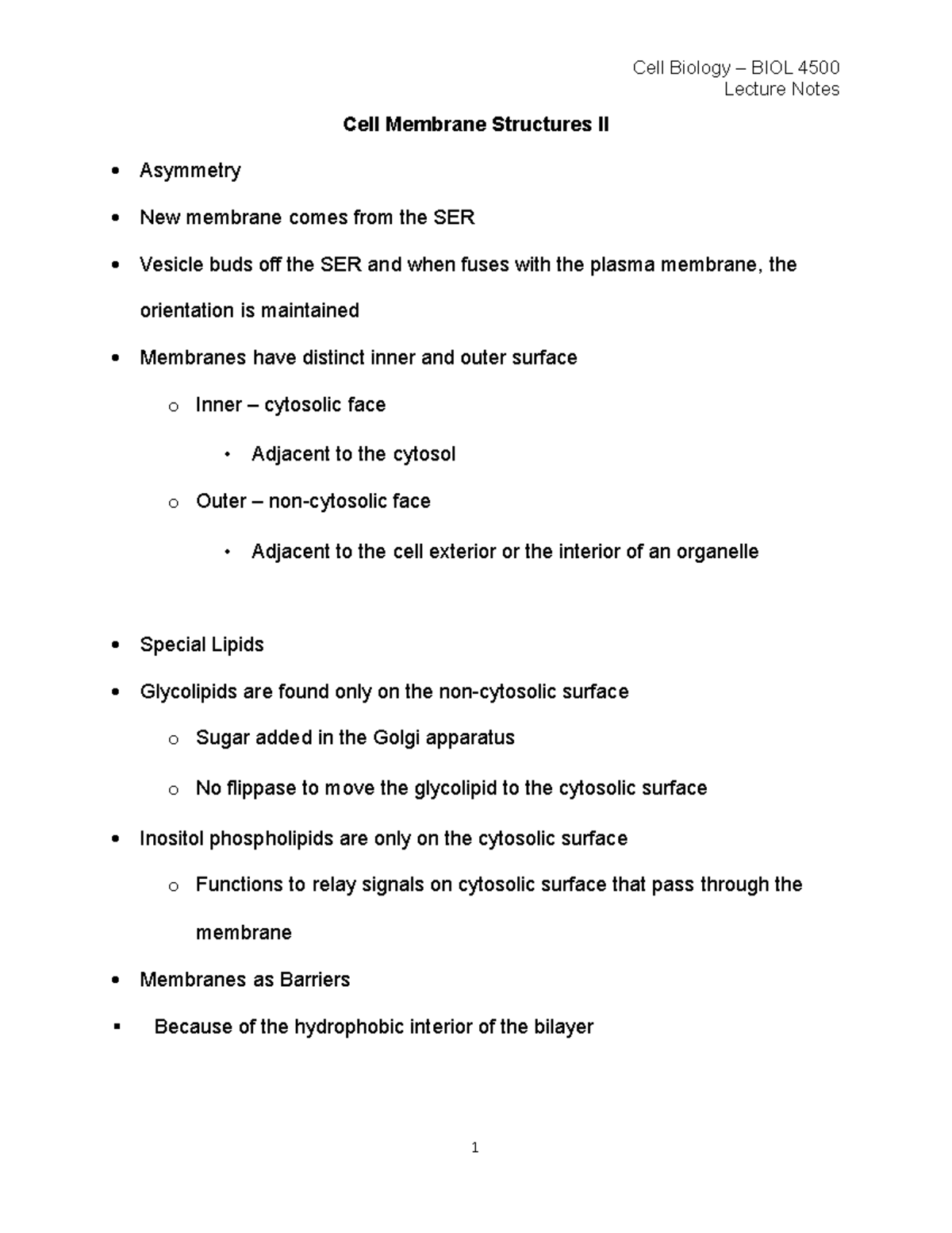 2021-BIOL-4500-Cell-Biology-Lecture-Notes-Cell Membrane Structures- II ...