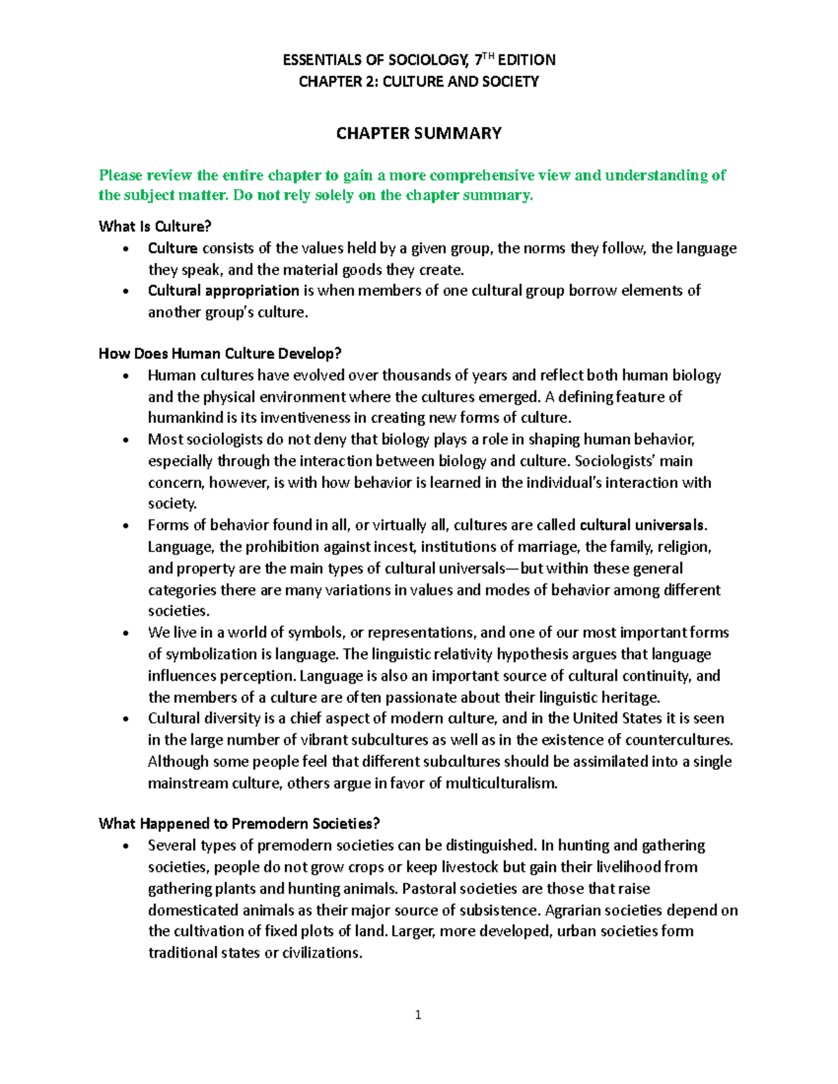 Lesson Summary-Chapter 2 Culture and Society - ESSENTIALS OF SOCIOLOGY ... Lesson Summary-Chapter 2 Culture and Society - ESSENTIALS OF SOCIOLOGY ...