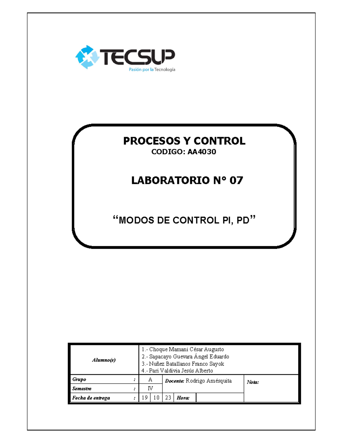 Lab7 Modos de Control (Continuación) 4C5 A - Alumno(s) 1.- Choque Mamani César Augusto 2 ...