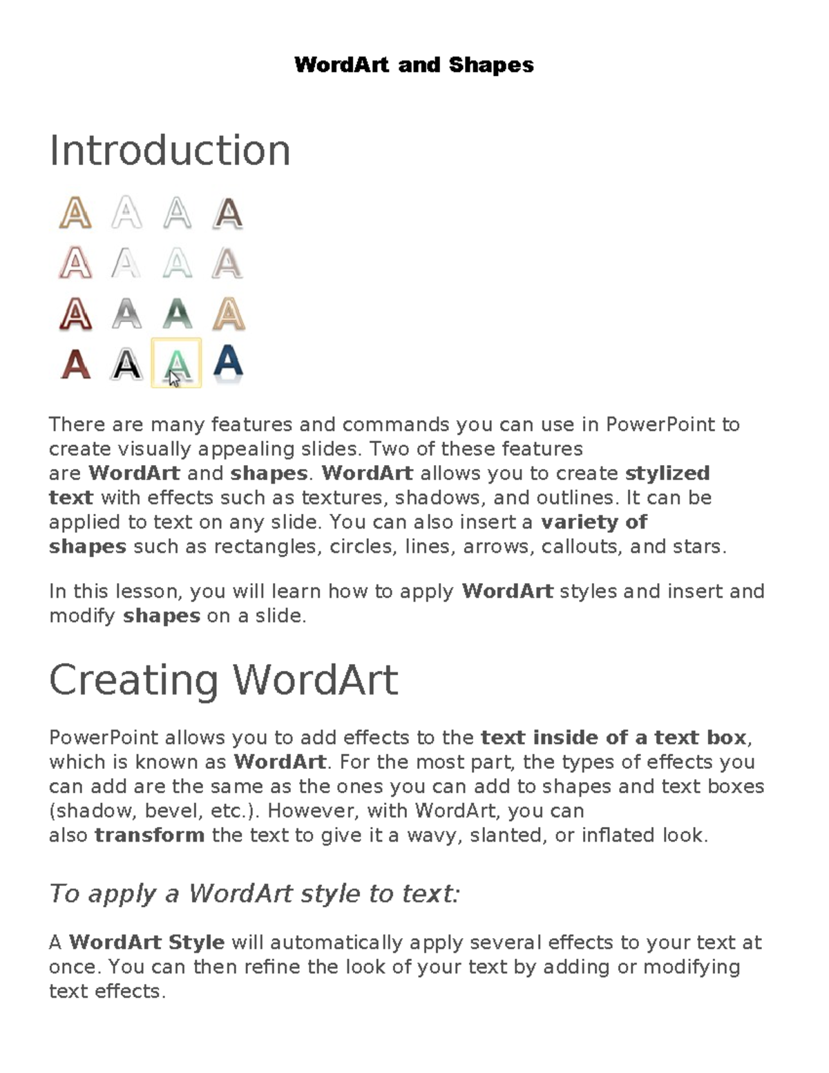 12Word Art and Shapes - Introduction There are many features and ...