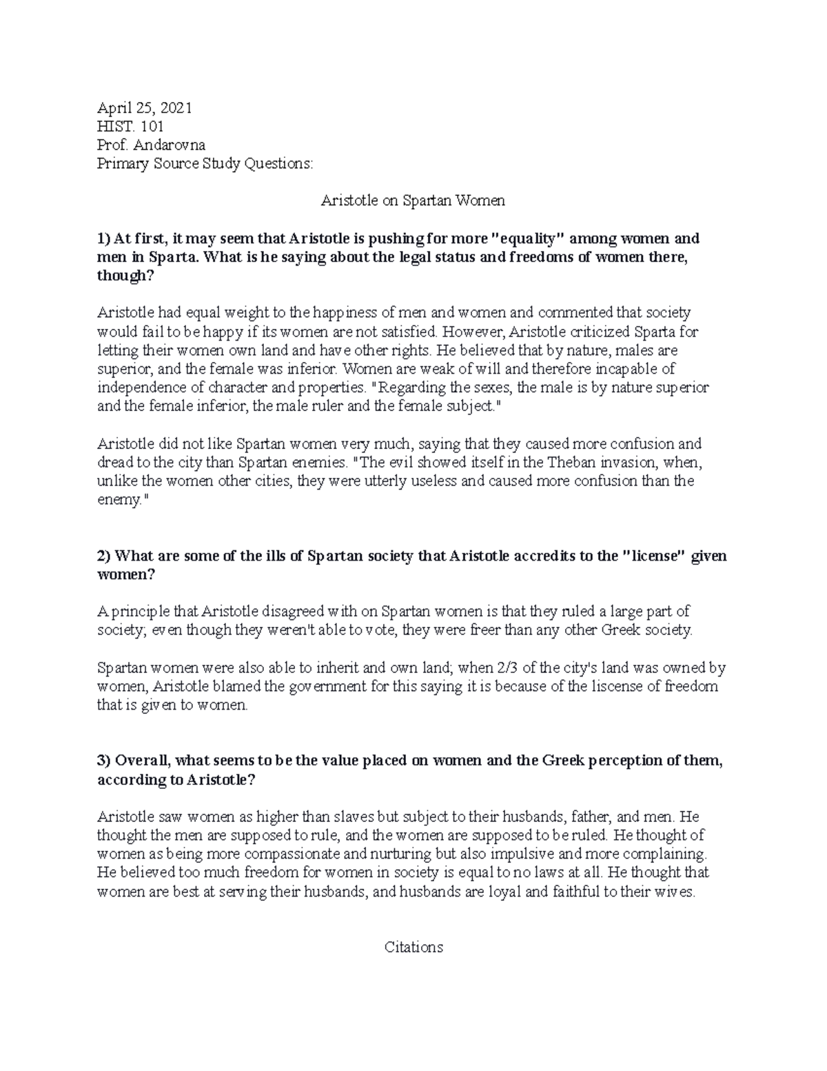 Aristotle on Spartan Women - April 25, 2021 HIST. 101 Prof. Andarovna ...