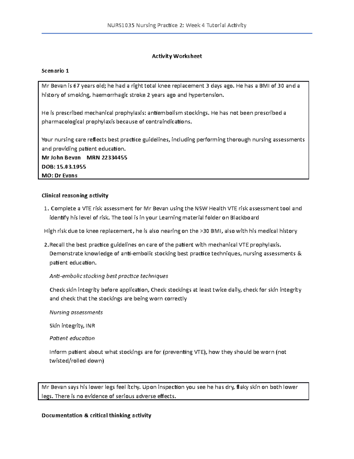 NP2 week 4 worksheet - NURS1035 Nursing Practice 2: Week 4 Tutorial ...