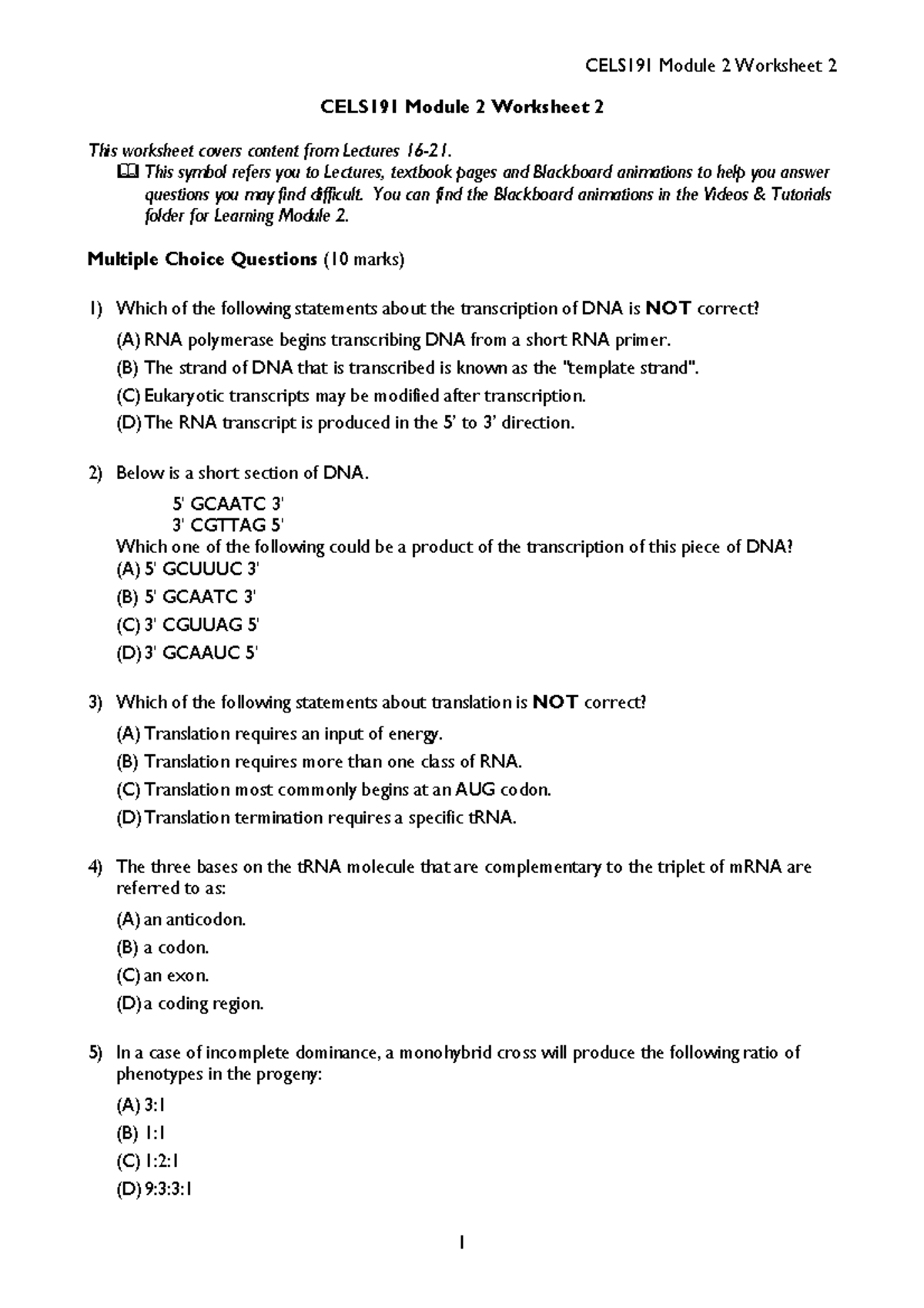 CELS191 M2WS2Qus - Cells Worksheet, helpful for final exams - CELS191 ...